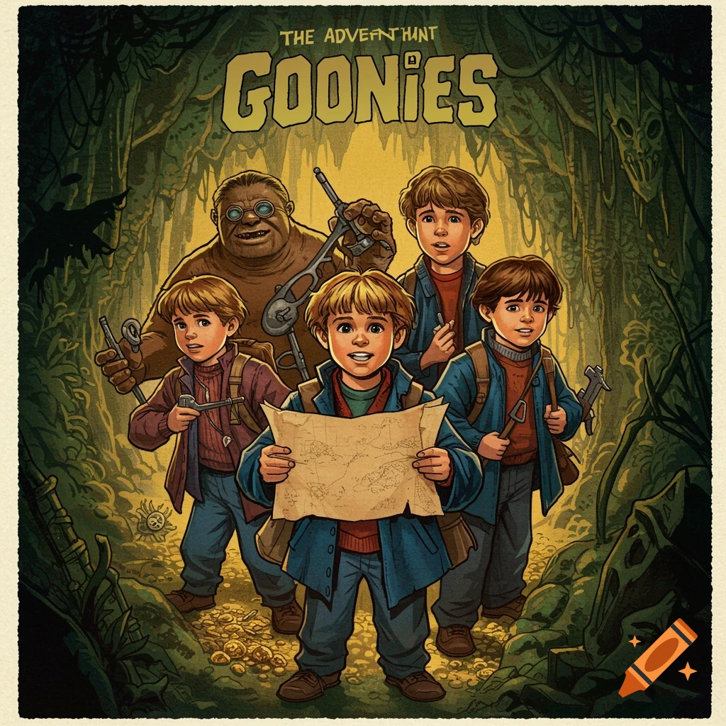 In movie poster style, the Goonies gang in a cave. on Craiyon