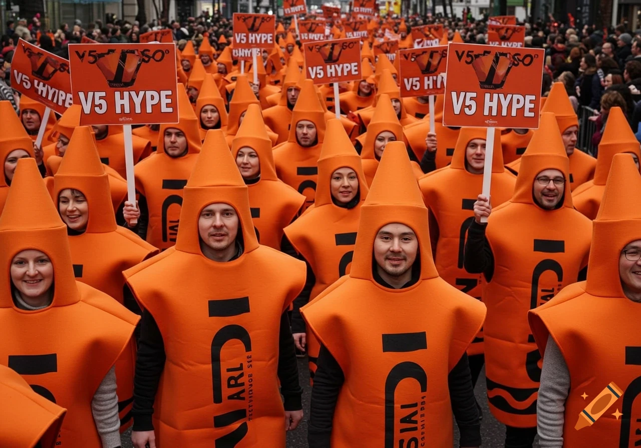 A crowd of people in orange crayon costumes march down a street holding ...