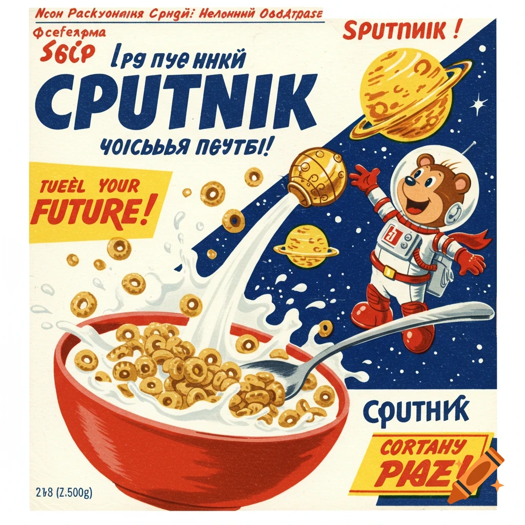 Sputnik-themed cereal box cover with flying cereal, prize, and mascot ...