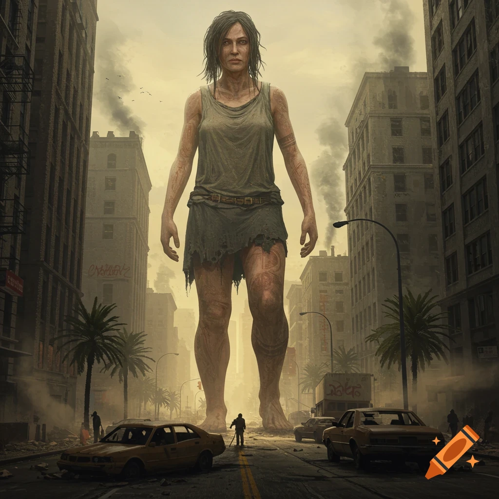 Giant woman stomping through city crushing cars on Craiyon