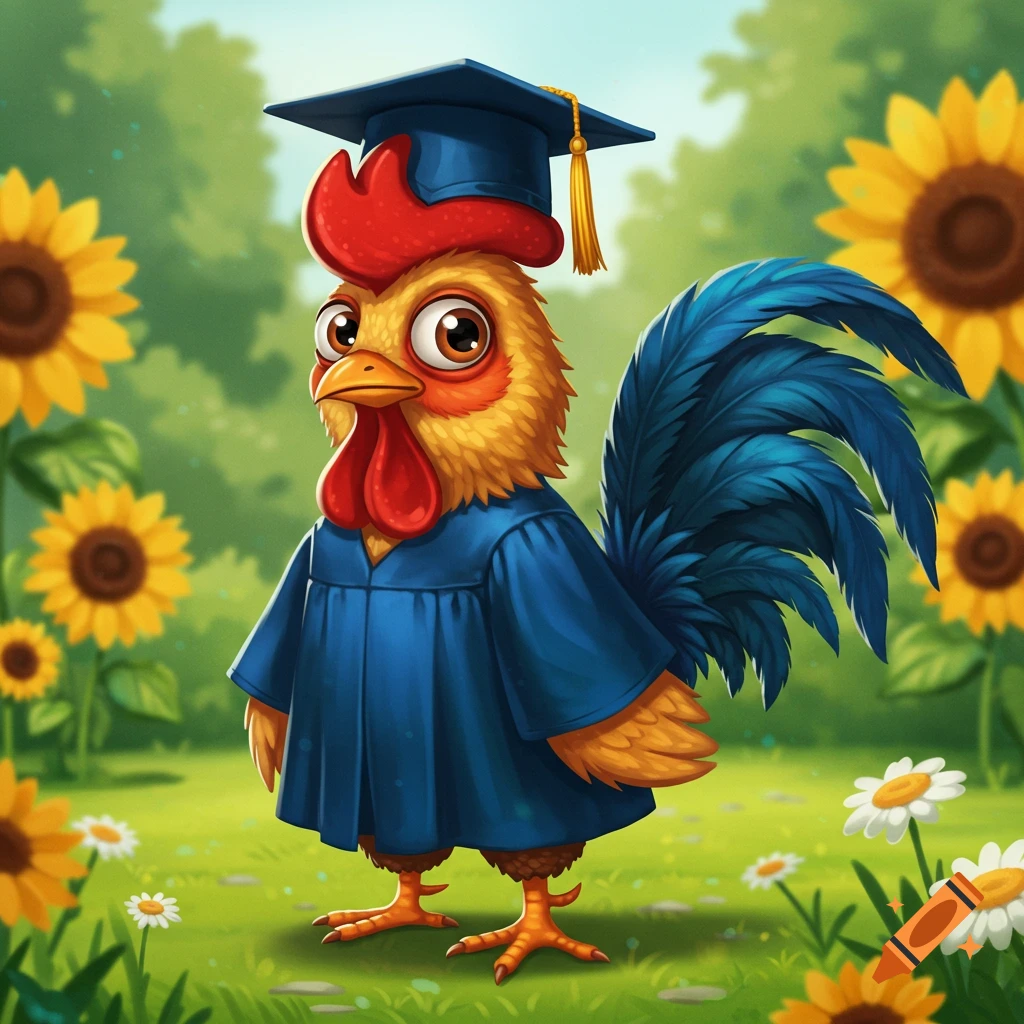 A cartoon ram wearing a blue graduation cap and gown on Craiyon