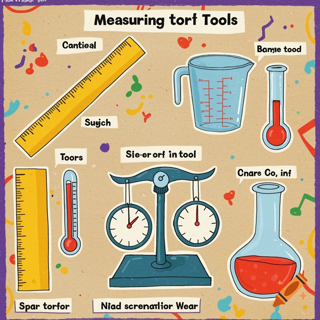 Measuring tools for 1st-grade science, labeled on Craiyon