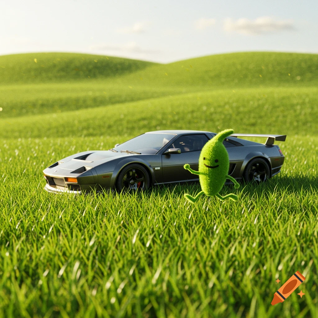 Car in a field of grass with a smiley face blade of grass running ...
