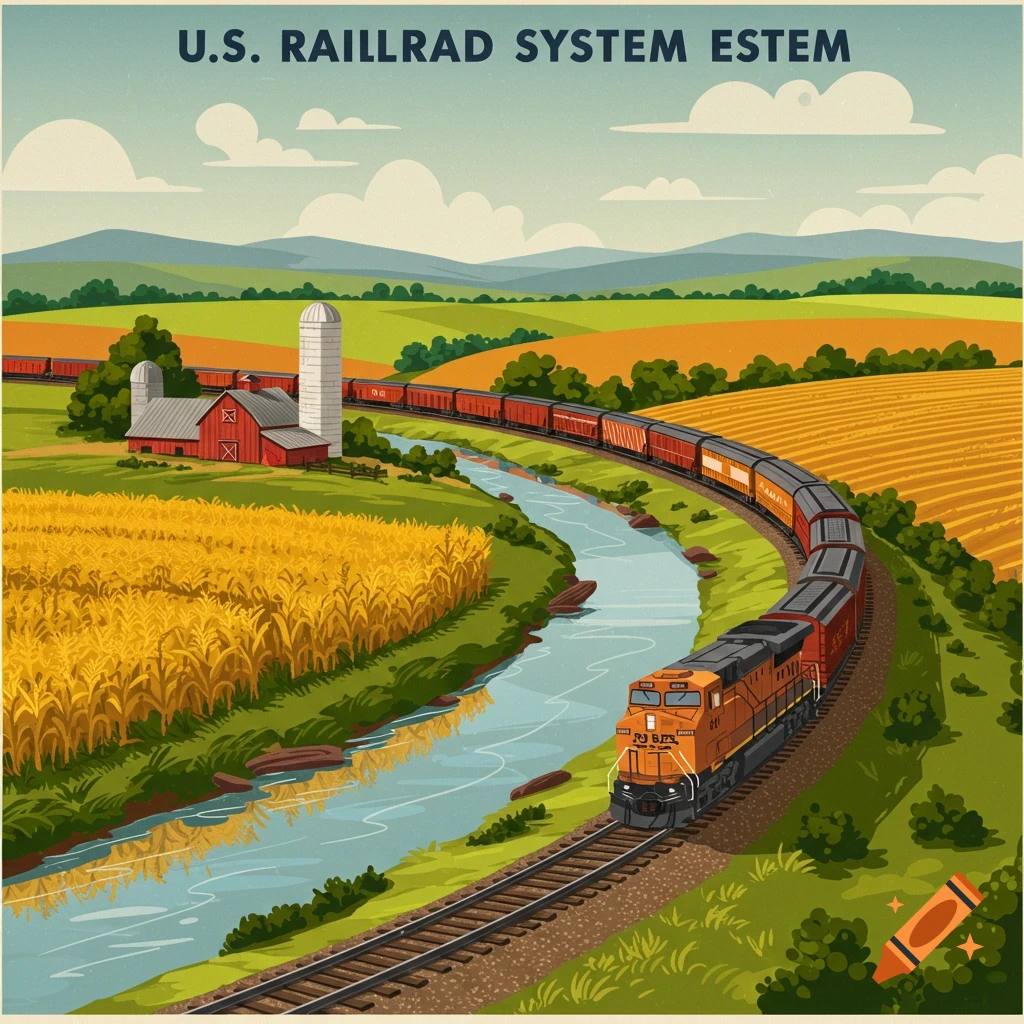 Railroad near a farm by a river on Craiyon