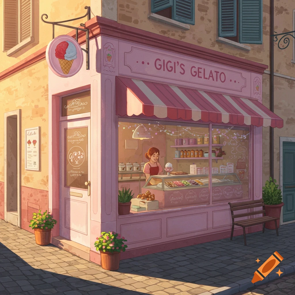 Cozy pink gelato shop with "Gigi's Gelato" sign on Craiyon