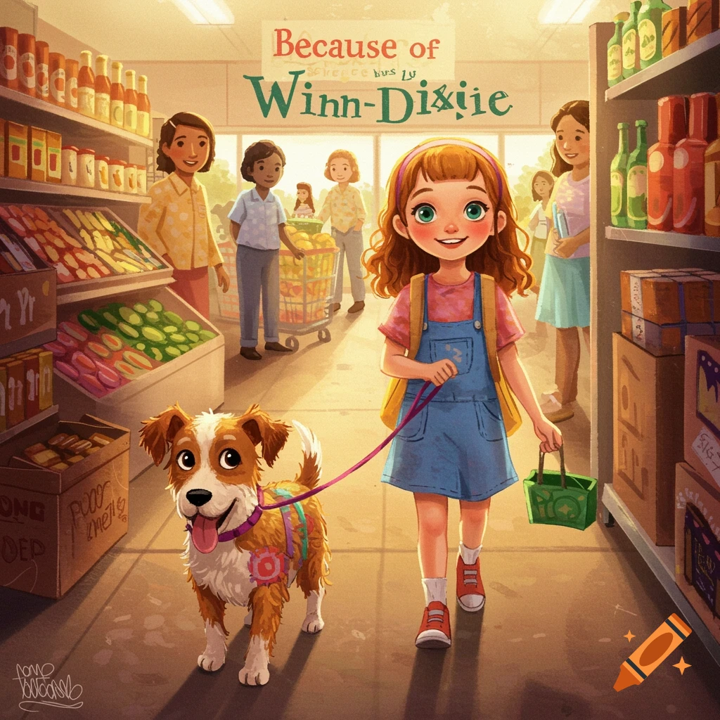 Illustration of a girl and her dog walking down the aisle of a bright ...