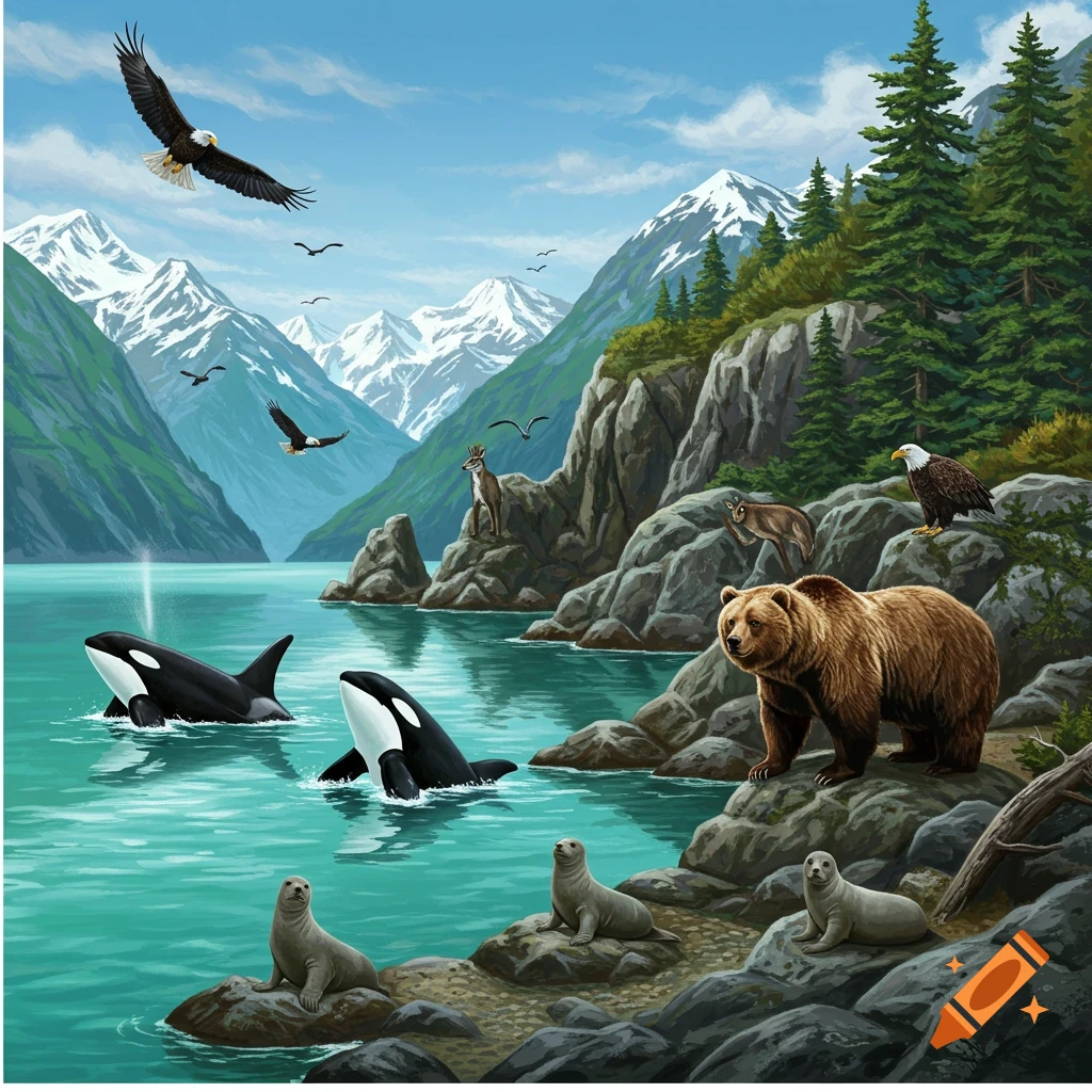 Orca, bear, eagles, and seals in Alaskan landscape on Craiyon