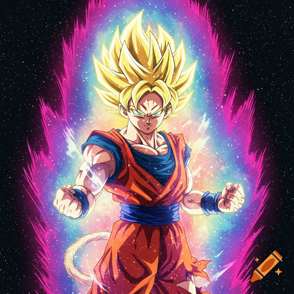 Super Saiyan with galaxy aura, anime style fantasy illustration on Craiyon