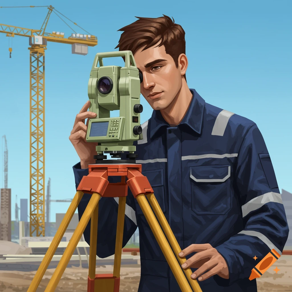 Surveyor using a total station at a construction site on Craiyon