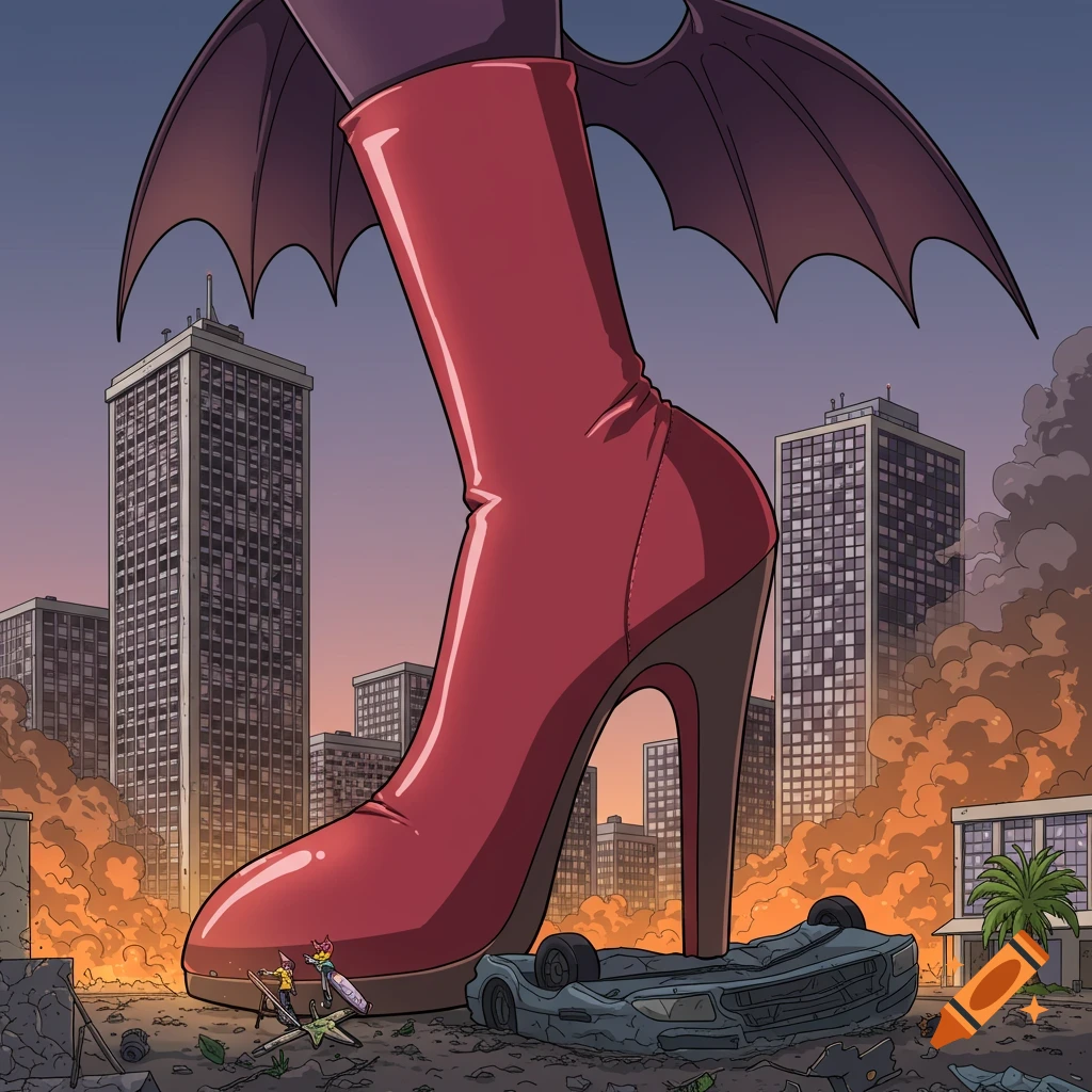 Giant red boot with bat wings stands over destroyed city with fires and ...