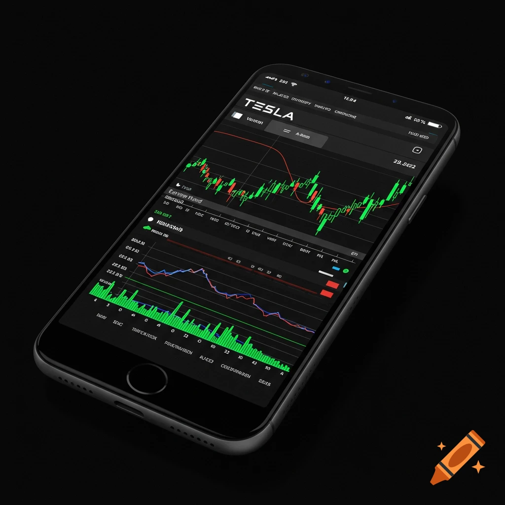 A phone screen shows a green and red stock graph against a black ...