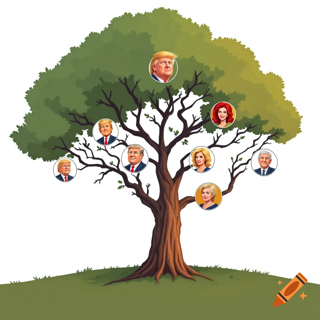 Cartoon family tree with President Trump and his cabinet on Craiyon