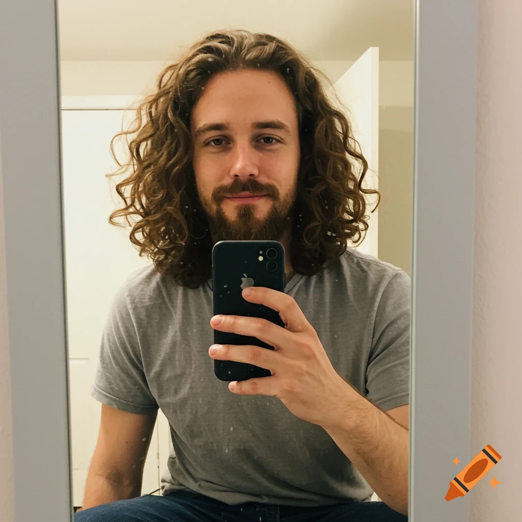 30 year old man with long curly hair taking a selfie on Craiyon