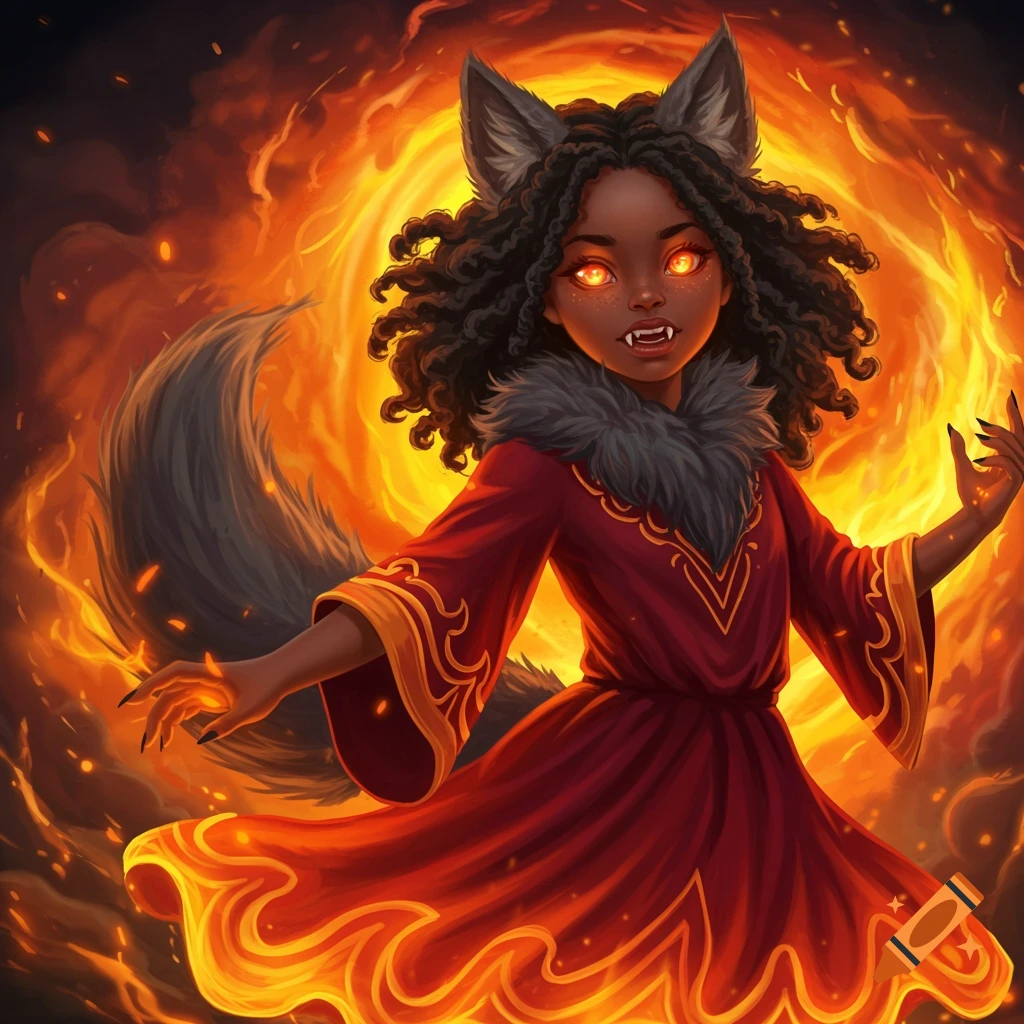 African American girl with wolf ears, tail, teeth, and fire powers on ...