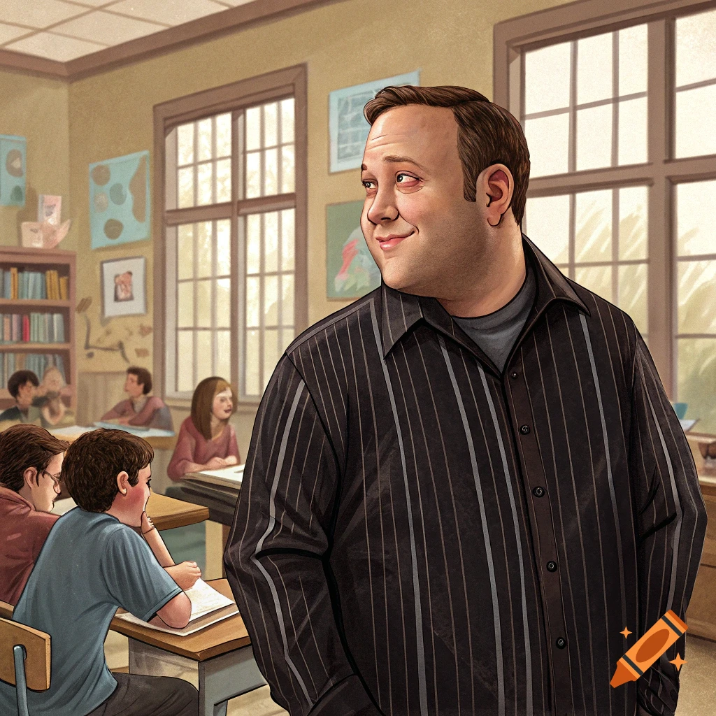 Teacher resembling Kevin James in a classroom on Craiyon