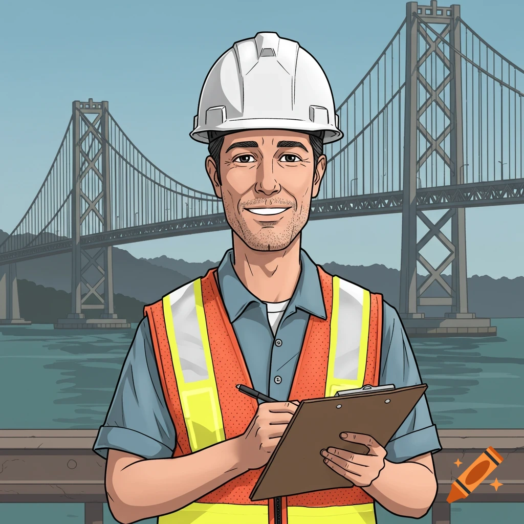 Cartoon illustration of an engineer in a hard hat and safety vest ...