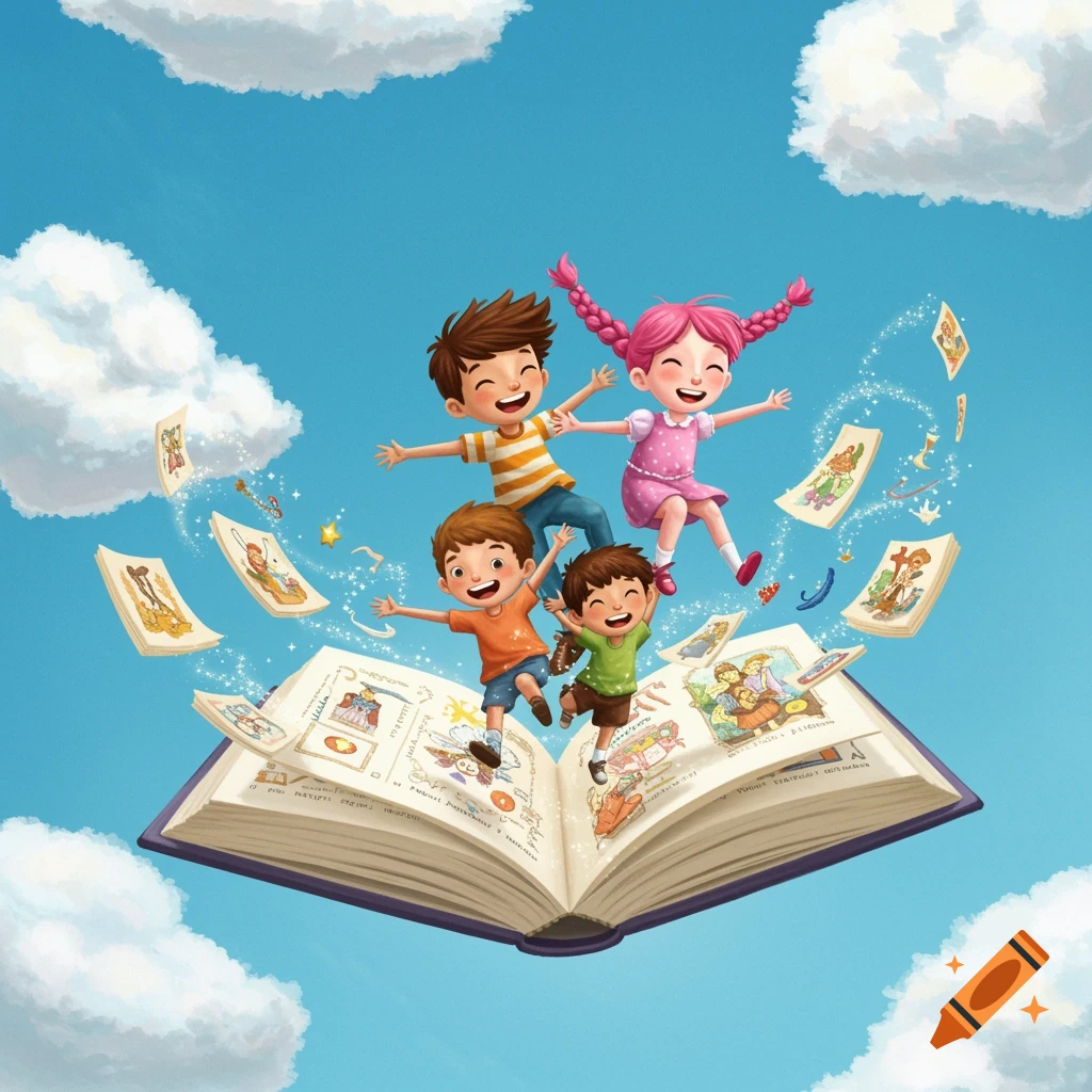 Kids riding a flying book on Craiyon