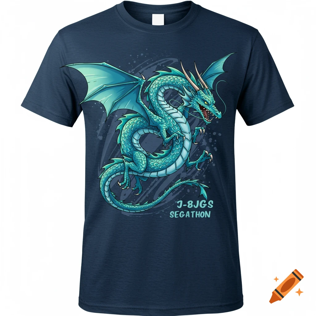 Digital illustration of a blue dragon on a dark blue t-shirt with text ...