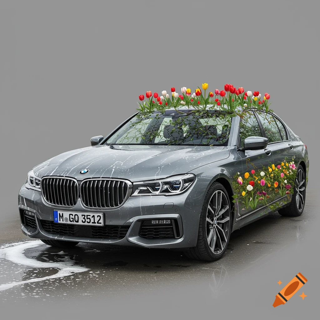A grey BMW car with soapy water on the left and flowers growing over ...