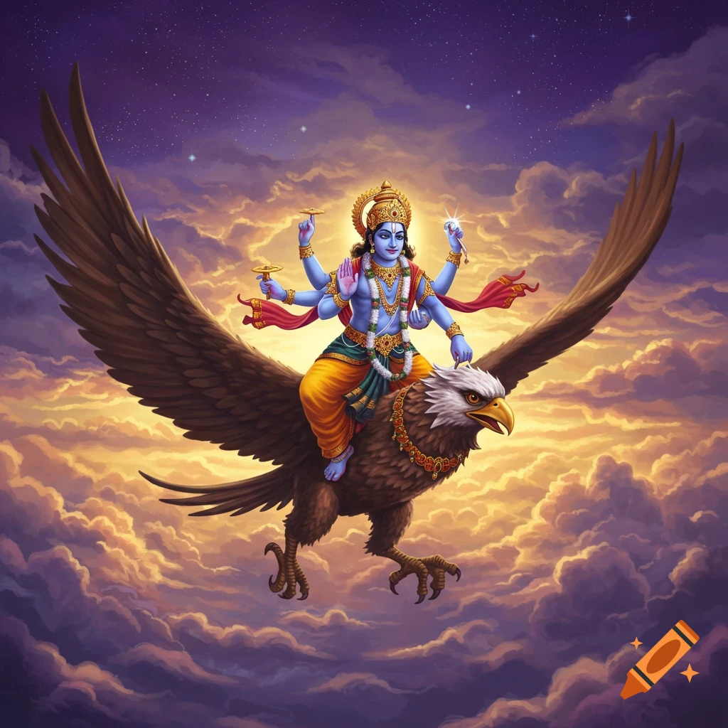 Lord Vishnu and Garuda soaring through the heavens on Craiyon