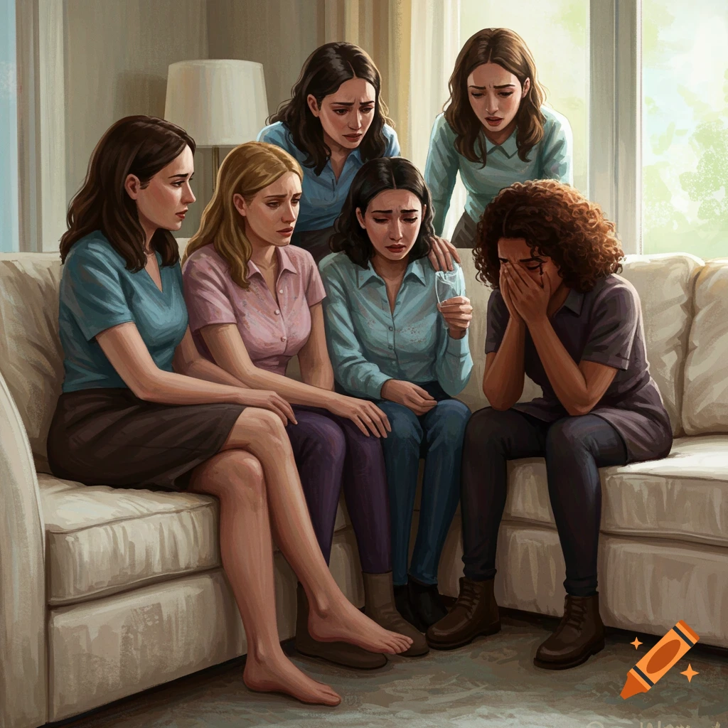 Five women in a dimly lit living room, one crying and being comforted ...