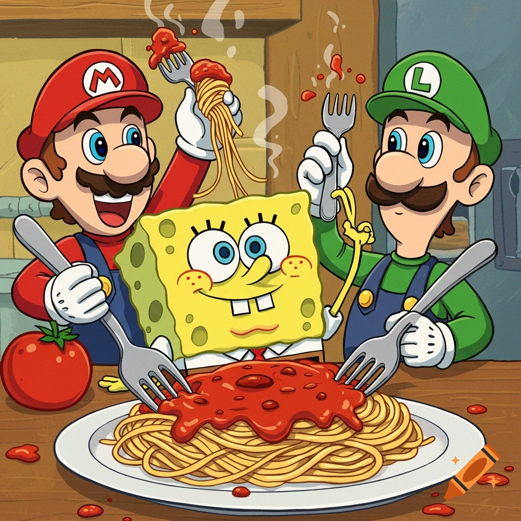Spongebob SquarePants stands in a kitchen painting a large, detailed ...
