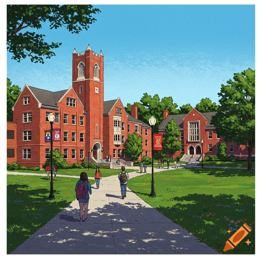 Detailed illustration of a city or college campus with red brick ...