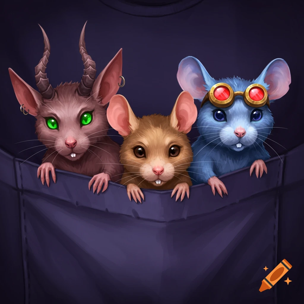 Three fantasy mice with horns, glowing eyes, and goggles are looking ...