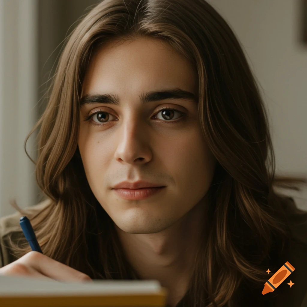 Drawing of a 21-year-old Spanish student with long brown hair and brown ...