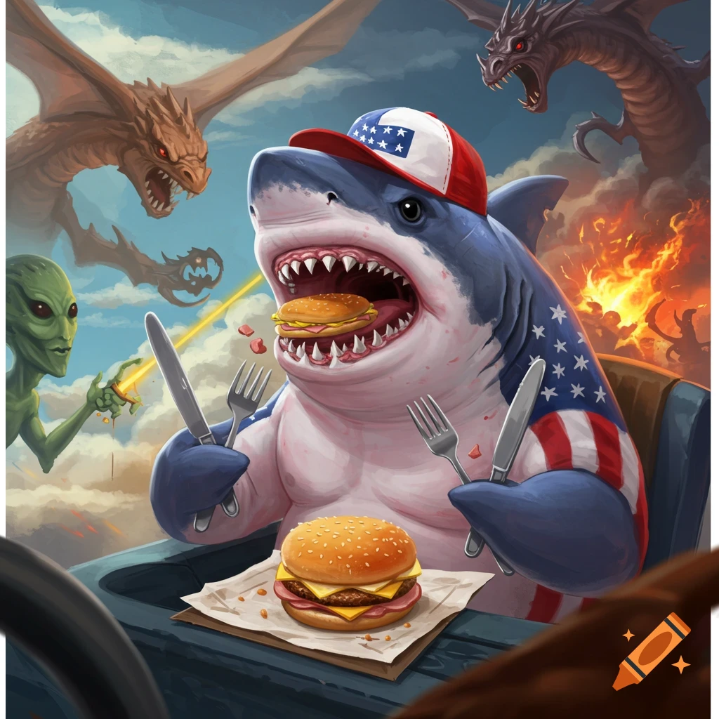 Patriotic great white shark wearing a baseball cap eating a hamburger ...