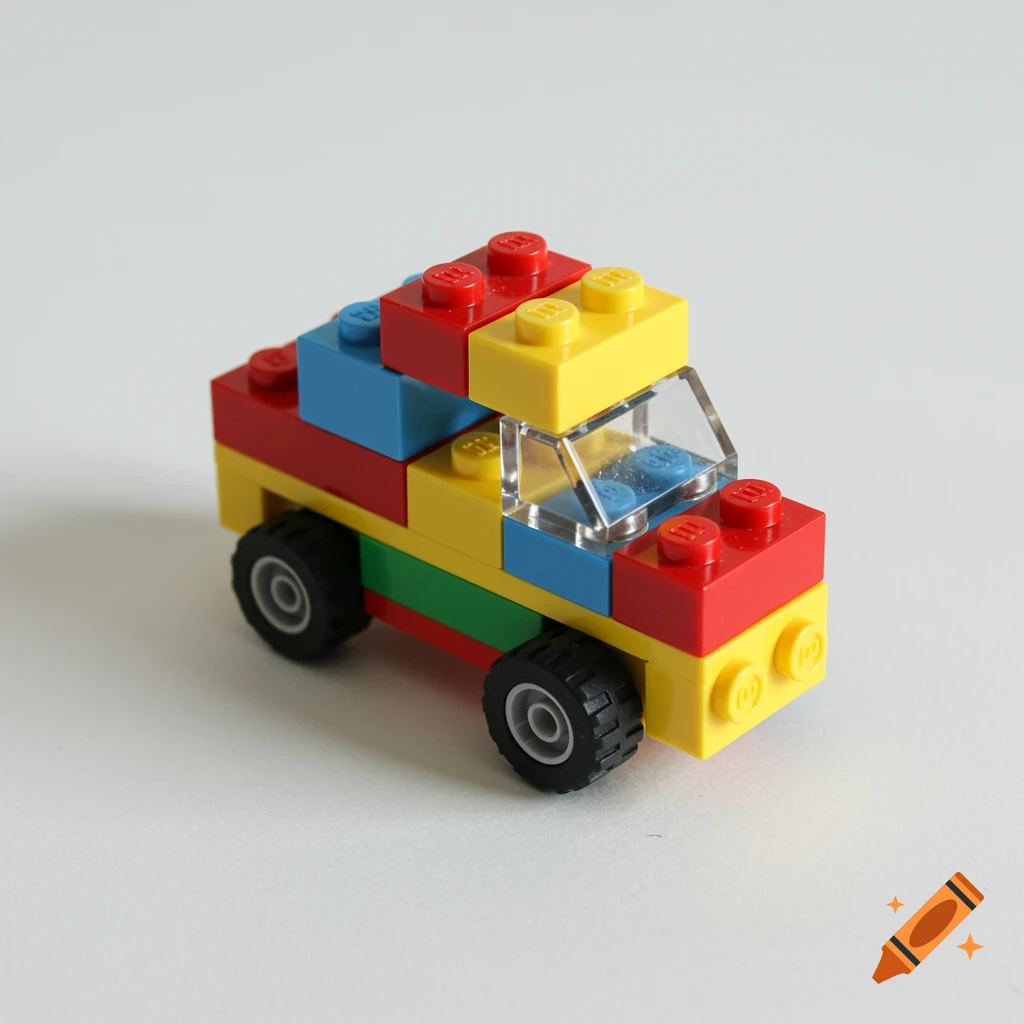 Small Lego car made of random colored blocks on Craiyon