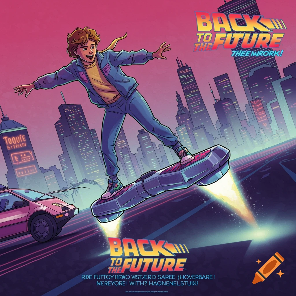 Retro-futuristic advertisement for Back to the Future hoverboard on Craiyon