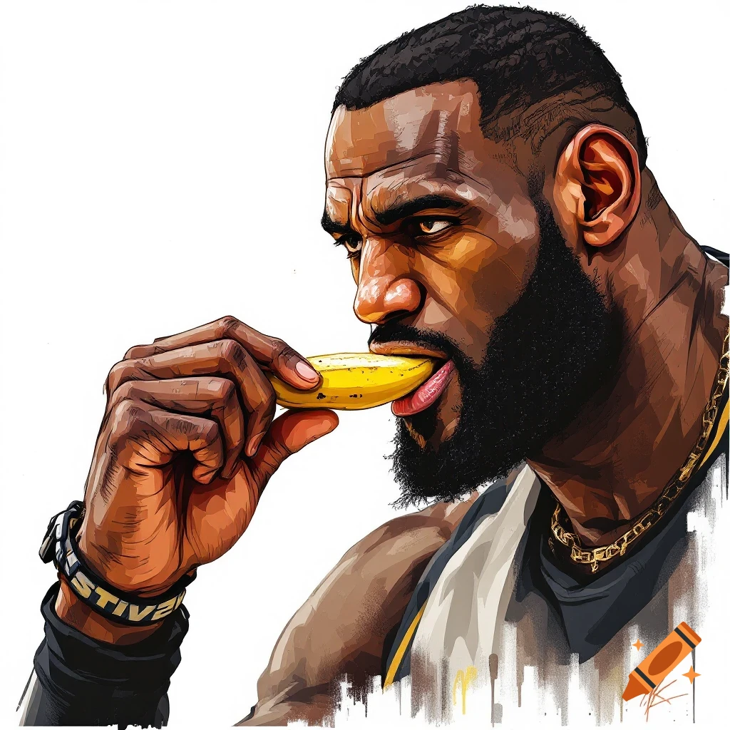 Stylized illustration of a man resembling Lebron James eating a banana ...