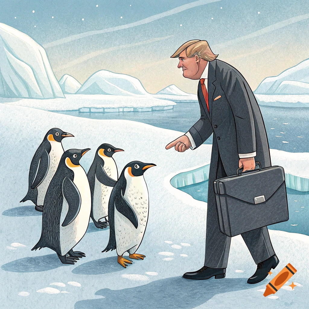 Illustration of Donald Trump arguing and pointing at three penguins in ...