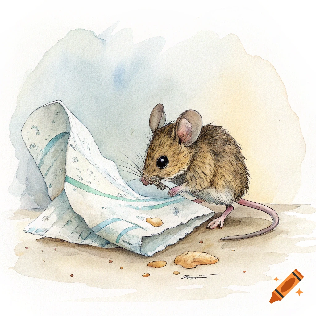 Watercolor painting of a cozy mouse sleeping in bed while snow falls ...