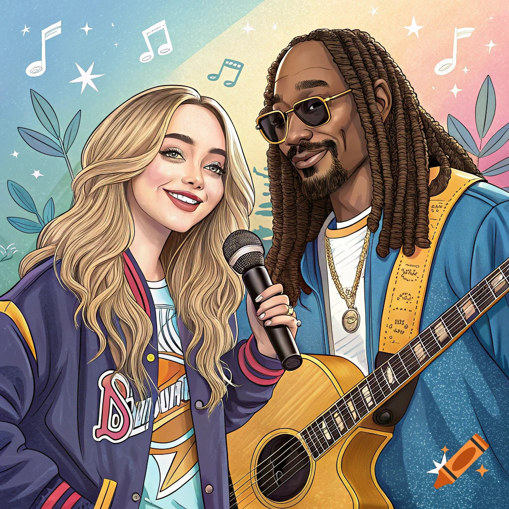 Illustration of Sabrina Carpenter holding a microphone next to Snoop ...