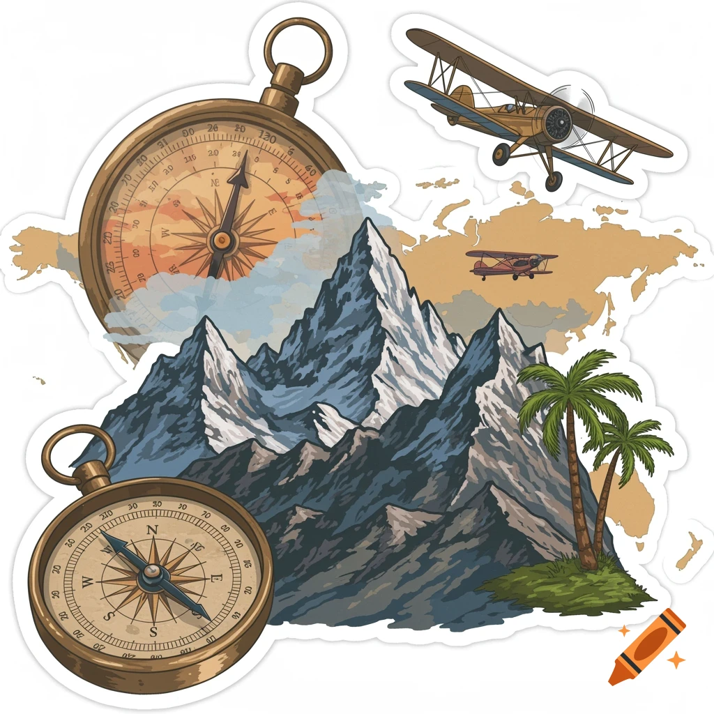 Die cut sticker with compass, mountain, plane, palm tree, and world ...
