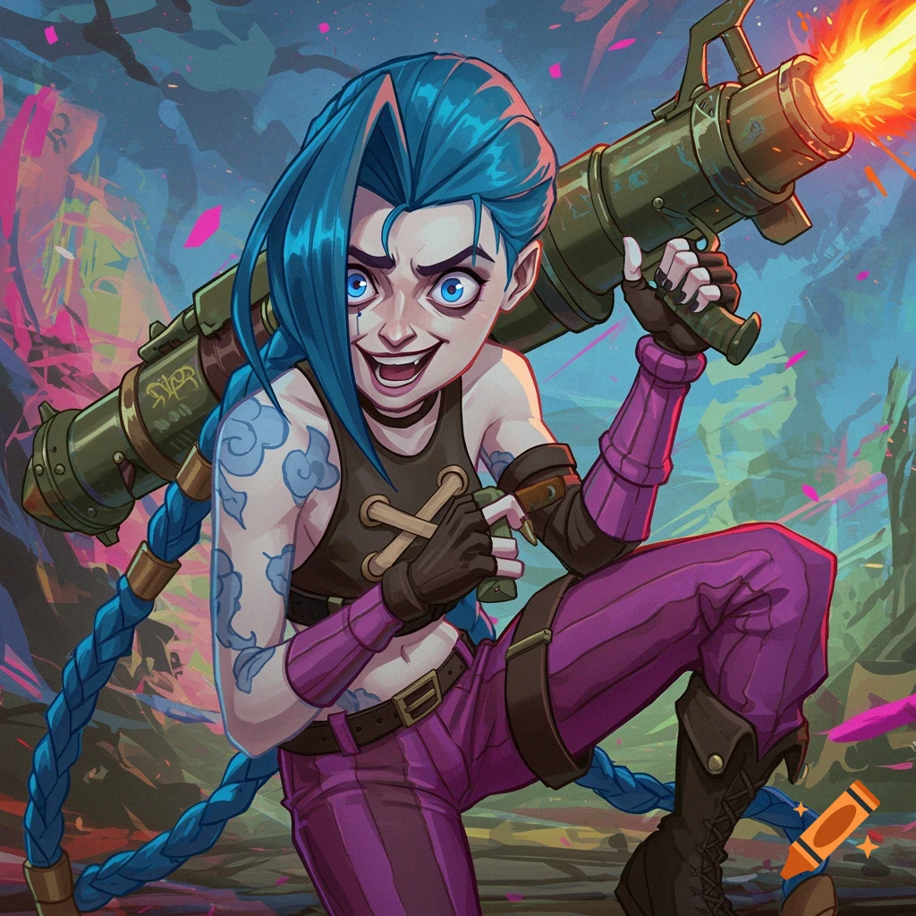 Jinx from Arcane holds a rocket launcher in a vibrant anime style. on ...