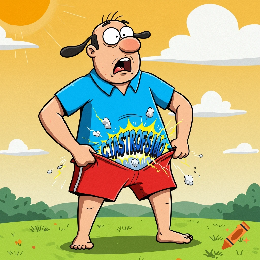 Cartoon of a goofy man surprised by the word "CATASTROFISMO" bursting ...