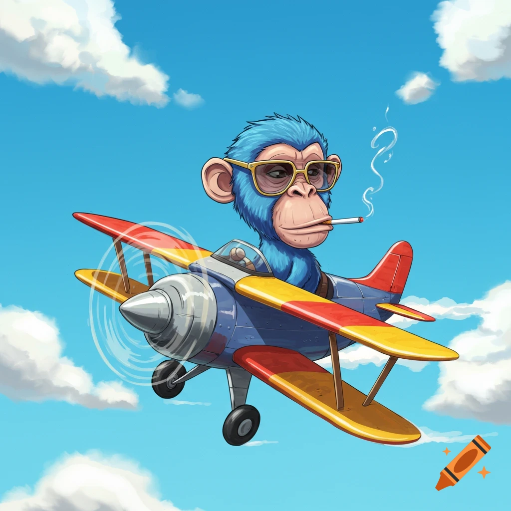 Blue monkey wearing sunglasses smoking and driving an airplane on Craiyon