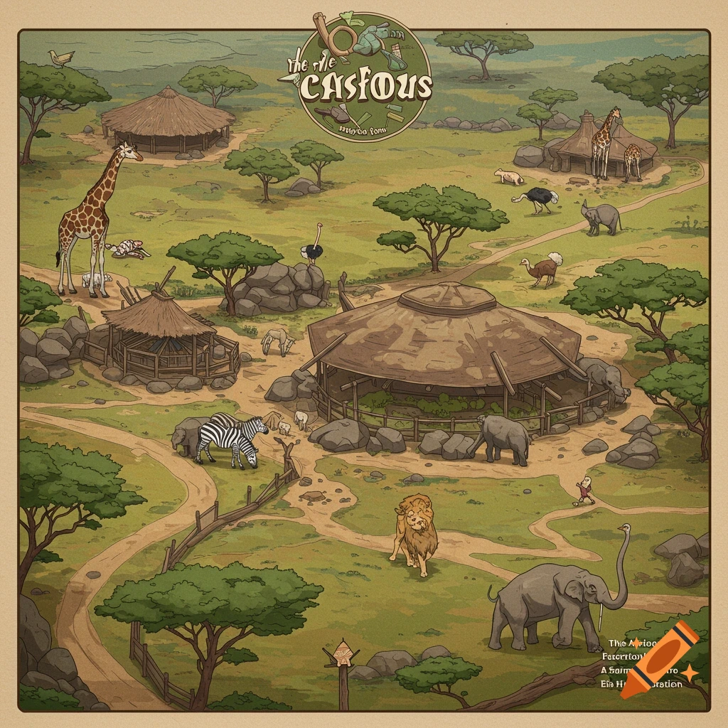 Map of a zoo featuring African Savanna and Asian Highlands areas on Craiyon