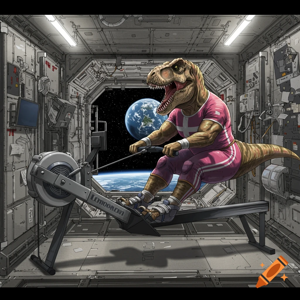 Danish T-rex on rowing machine in ISS Columbus module on Craiyon