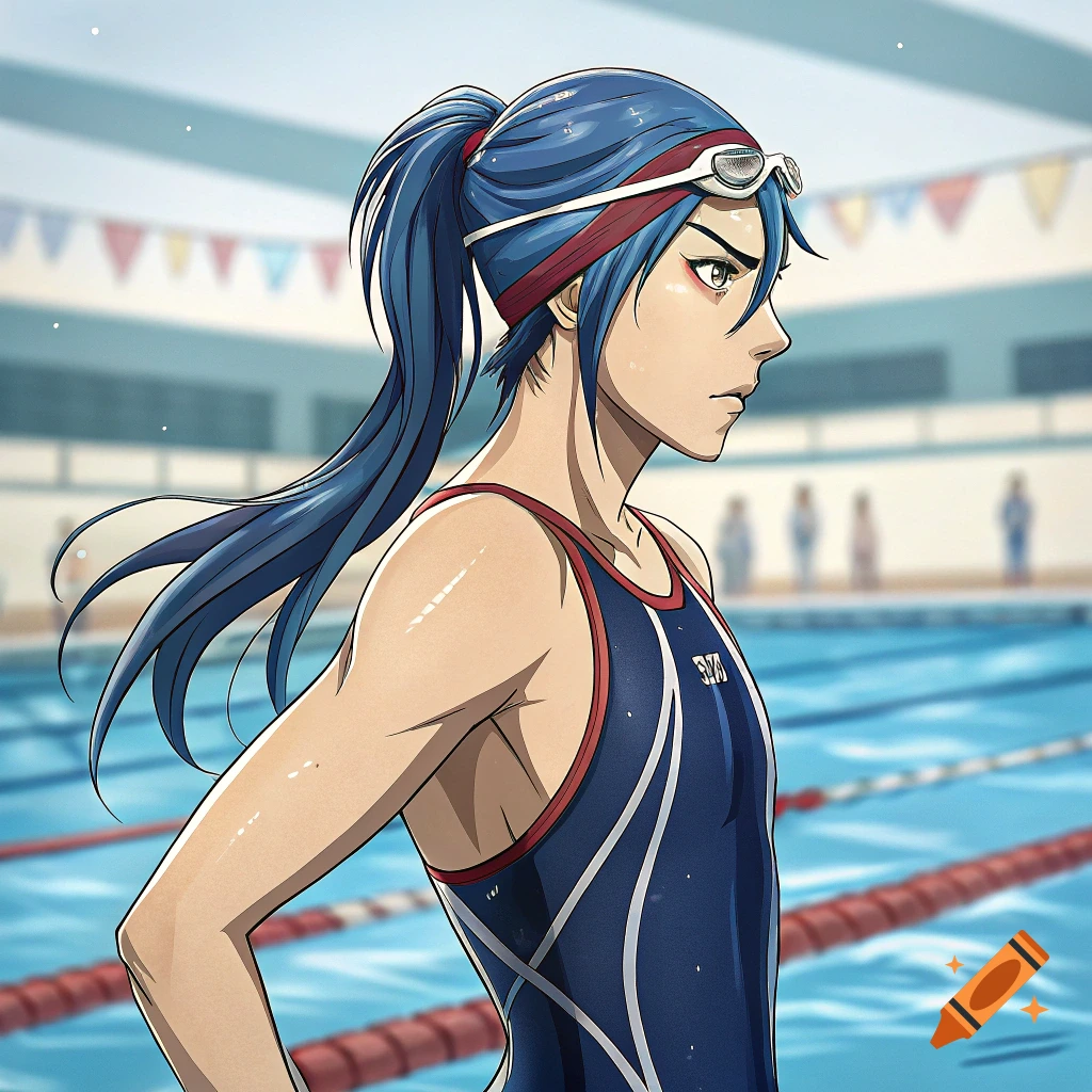 Anime style illustration of a person with blue hair in a swimsuit ...