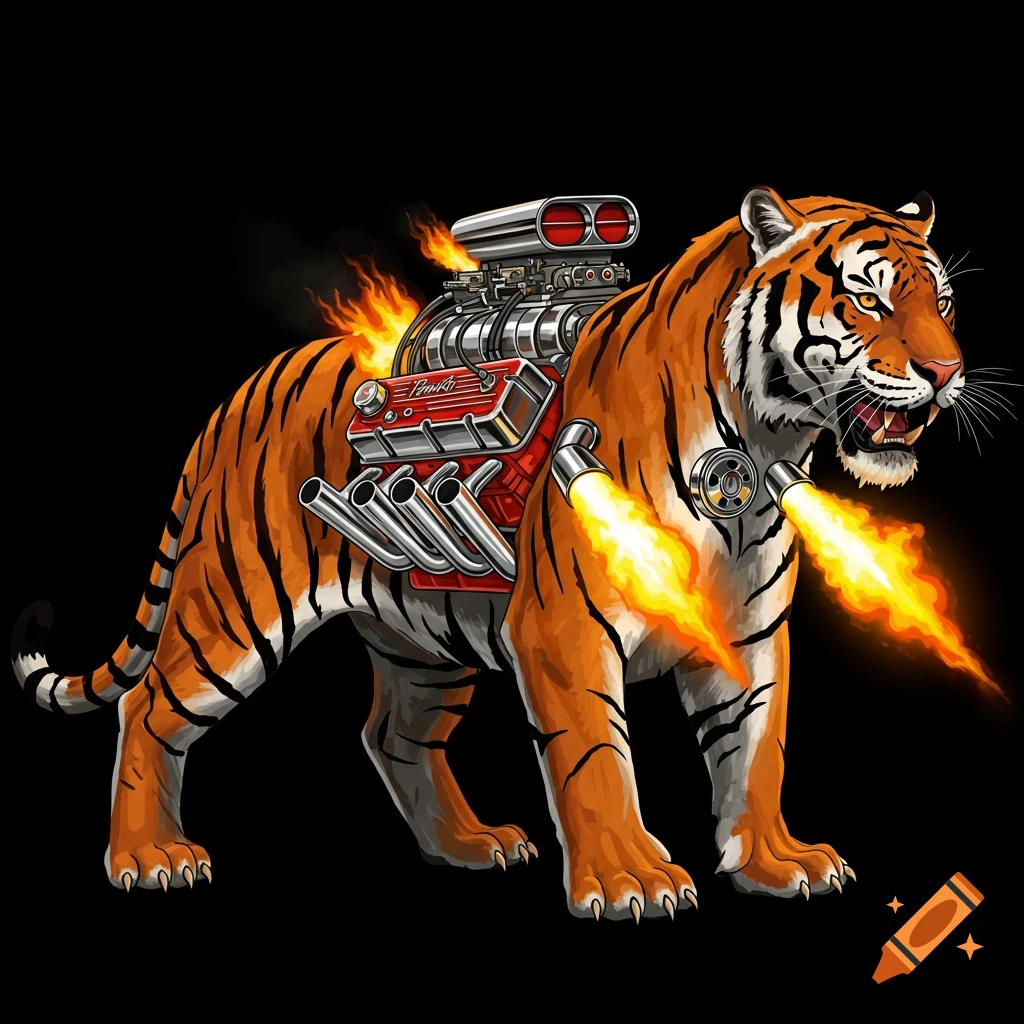 Tiger with hot rod engine and exhaust pipes on Craiyon