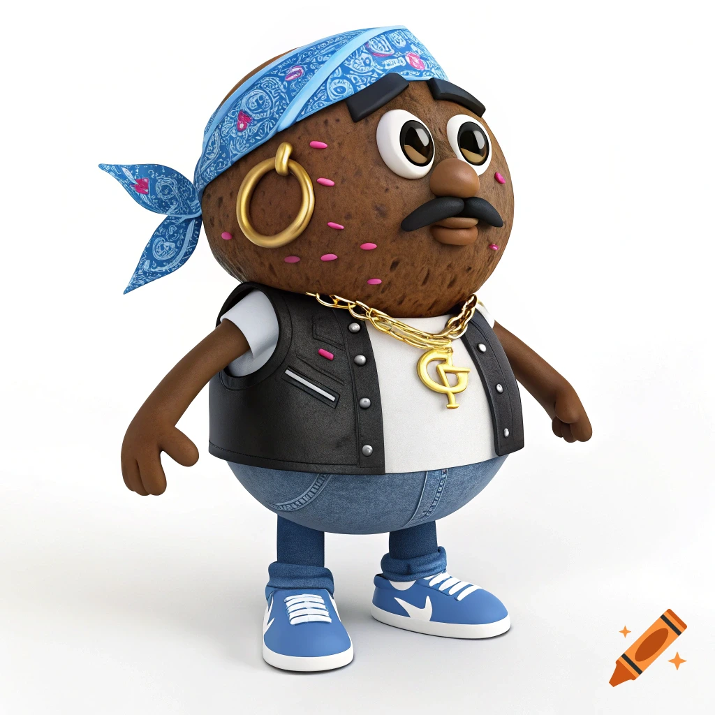 3D render of a Tupac-inspired anthropomorphic fried puff ball character ...