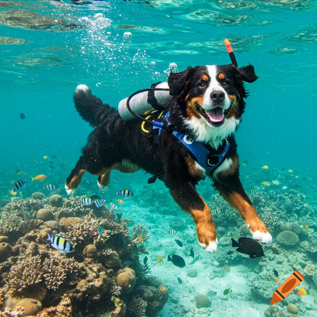 Bernese Mountain Dog SCUBA diver on Craiyon