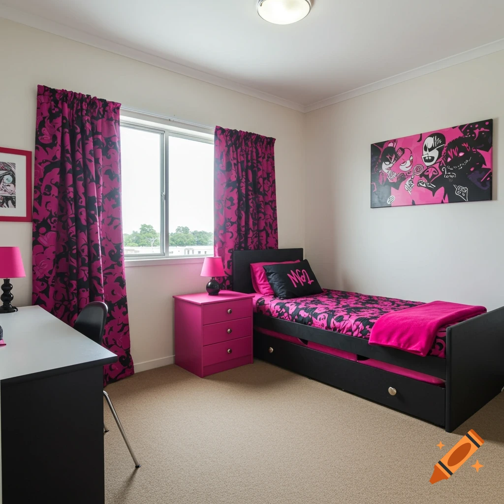Hot pink and black mcbling y2k bedroom with twin bed on Craiyon