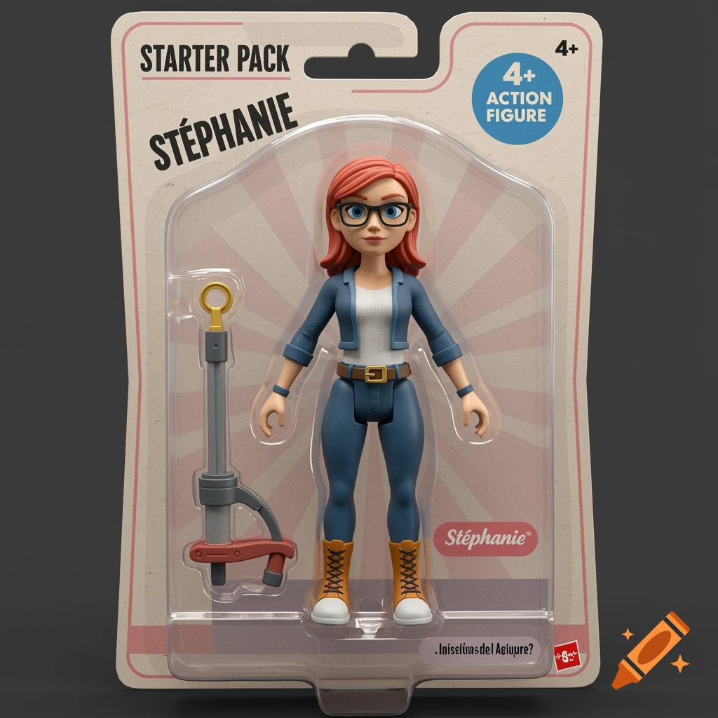Cartoon-style 3D render of a “Stéphanie” action figure in a blister ...