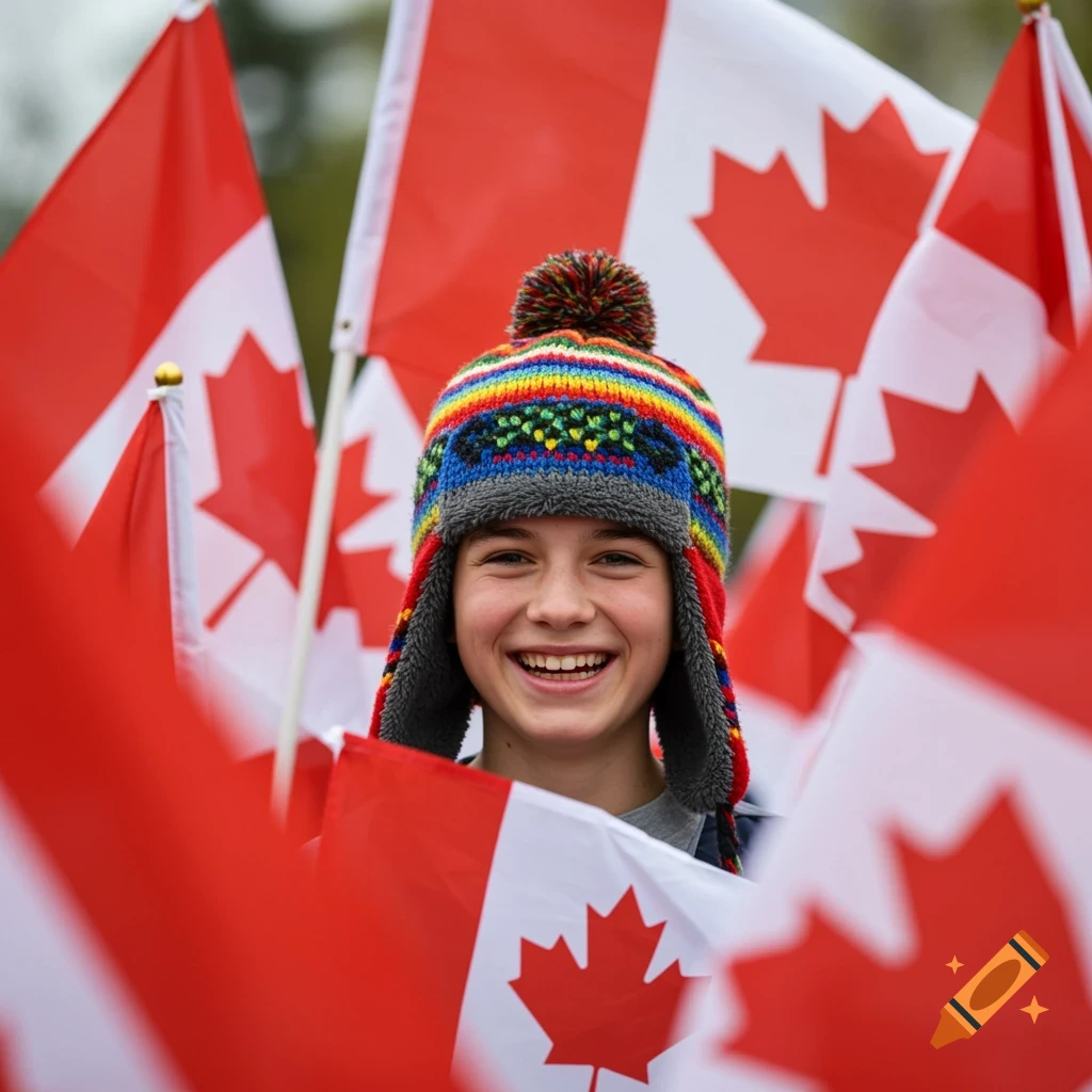 Smiling teenage boy with Canadian flags and ushanka hat on Craiyon