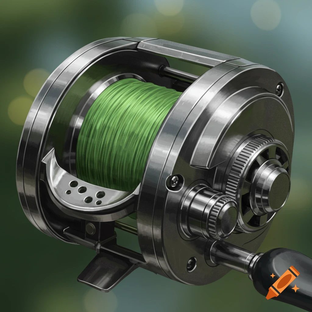A close-up of a fishing reel with green fishing line. on Craiyon
